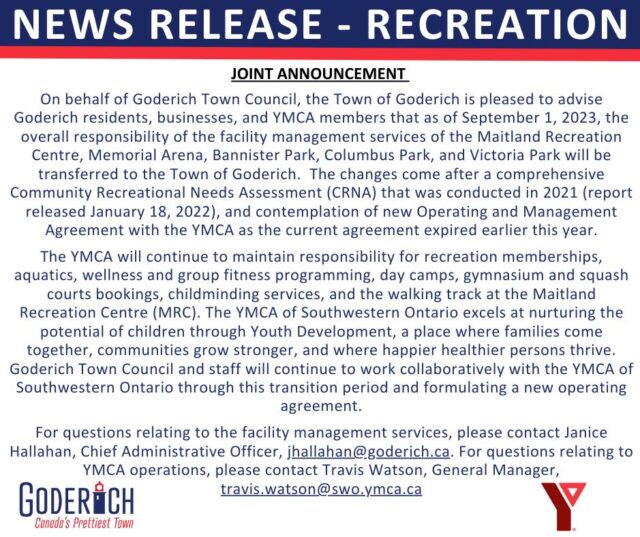 Goderich assuming responsibly for facilities including MRC, Memorial ...